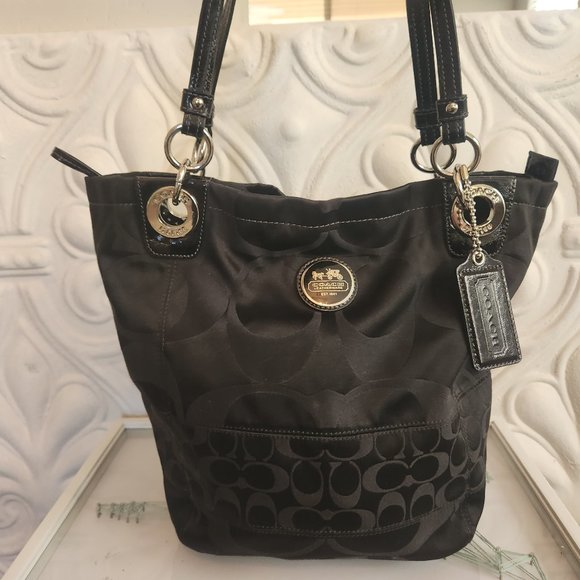 Coach | Bags | Coach Logo And Leather Trim Zipbucket Bag Great ...